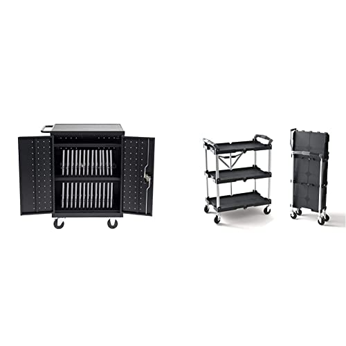 Pearington 32 Device Mobile Charging and Storage Cart & Olympia Tools 85-188 Pack-N-Roll Folding Collapsible Service Cart, Black, 50 Lb. Load Capacity per Shelf