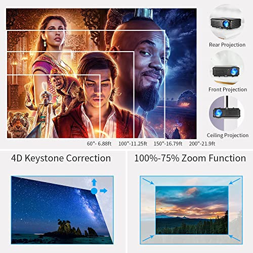 Full HD 1080P Android Projector with WiFi and Bluetooth, Wireless Projectors Sync Screen for iPhone iPad, Big Screen Display Video Proyector Outdoor Movie Night Backyard, 4D Keystone & Zoom, HDMI