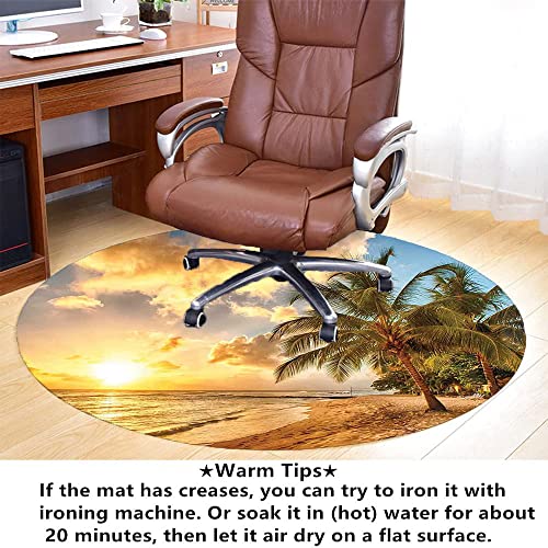 Beach Office Chair Mat, Tropic Sandy Beach with Horizon at The Sunset and Coconut Palm Trees Summer Photo, Desk Chair Mat for Home Office Hardwood Floor, Round 36" Cream Blue