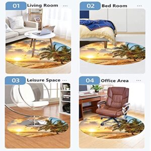 Beach Office Chair Mat, Tropic Sandy Beach with Horizon at The Sunset and Coconut Palm Trees Summer Photo, Desk Chair Mat for Home Office Hardwood Floor, Round 36" Cream Blue