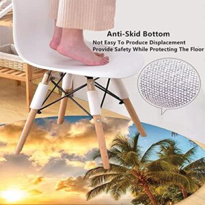 Beach Office Chair Mat, Tropic Sandy Beach with Horizon at The Sunset and Coconut Palm Trees Summer Photo, Desk Chair Mat for Home Office Hardwood Floor, Round 36" Cream Blue