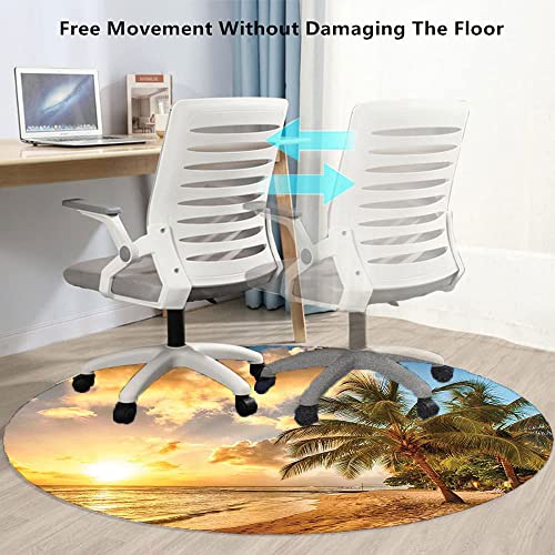 Beach Office Chair Mat, Tropic Sandy Beach with Horizon at The Sunset and Coconut Palm Trees Summer Photo, Desk Chair Mat for Home Office Hardwood Floor, Round 36" Cream Blue