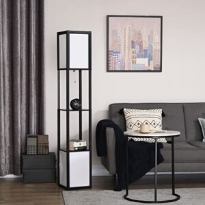 HOMCOM Modern Floor Lamp with Shelves & Dual Ambient Lighting, Tall Standing Lamp for Living Room, Bedroom with Fabric Lampshade (Bulb not Included), Black