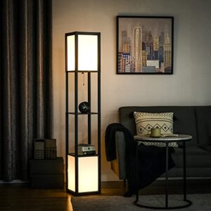 HOMCOM Modern Floor Lamp with Shelves & Dual Ambient Lighting, Tall Standing Lamp for Living Room, Bedroom with Fabric Lampshade (Bulb not Included), Black