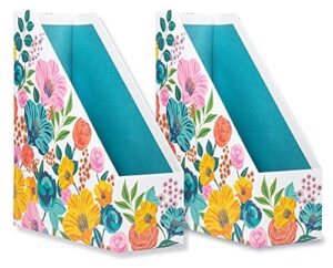 steel mill & co. decorative magazine holder, set of 2, cute floral vertical file organizers, storage bins for desk, home and office, garden blooms (cream)