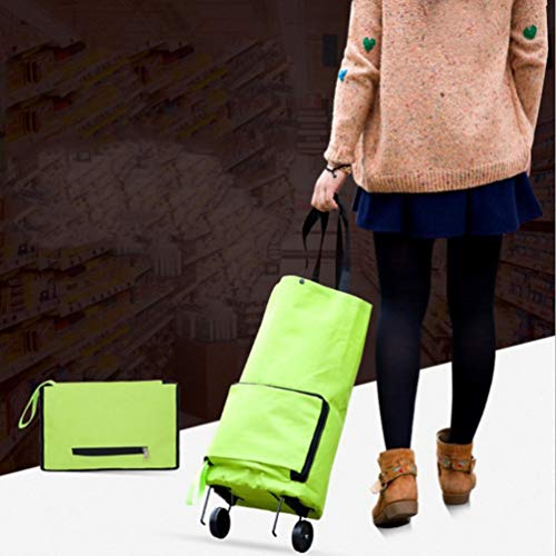 Hemoton Folding Shopping Cart with Wheels Oxford Cloth Portable Collapsible Grocery Cart Green