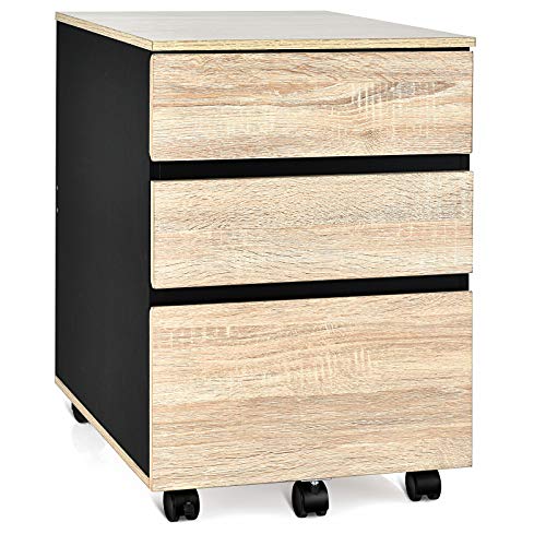 Giantex 3-Drawer Mobile File Cabinet Under Desk for Legal Letter File Home Storage with Wheels and Anti-tilt Design for Home &Office Use Rolling Vertical Filling Cabinet (Oak)