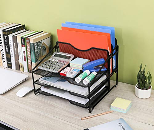 EasyPAG Mesh Desk Organizer with 3 Tier Letter Tray and 2 Vertical File Holder,Black