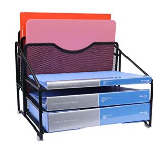 EasyPAG Mesh Desk Organizer with 3 Tier Letter Tray and 2 Vertical File Holder,Black