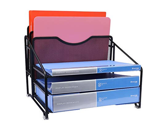 EasyPAG Mesh Desk Organizer with 3 Tier Letter Tray and 2 Vertical File Holder,Black