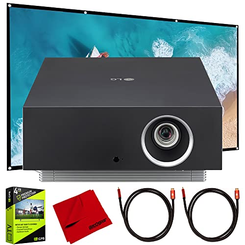 LG AU810PB 4K UHD 3840x2160 Smart Dual Laser CineBeam Projector Bundle with Premium 4 YR CPS Enhanced Protection Pack, Minolta 120" Screen, 2X Deco Gear HDMI Cable and Microfiber Cloth