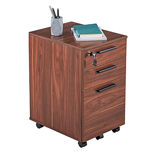 3 Drawer Mobile File Cabinet with Lock Under Desk Wood Pedestal Filing Storage Fully Assembled Except Casters for Home Office, Walnut