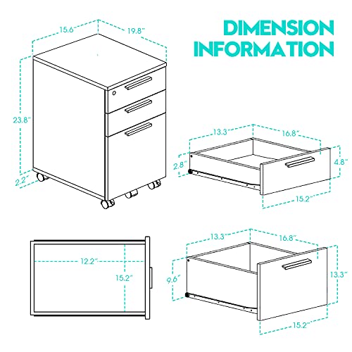 3 Drawer Mobile File Cabinet with Lock Under Desk Wood Pedestal Filing Storage Fully Assembled Except Casters for Home Office, Walnut