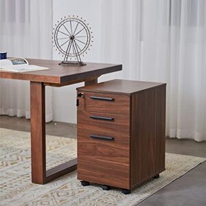 3 Drawer Mobile File Cabinet with Lock Under Desk Wood Pedestal Filing Storage Fully Assembled Except Casters for Home Office, Walnut