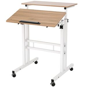 dlandhome mobile standing desk stand up desk rolling desk, stand sit desk mobile computer desk adjustable standing desk 23.6inches table workstation mobile desk cart tray oak