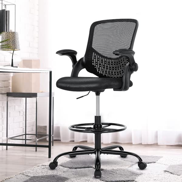 Drafting Chair - Tall Office Chair for Standing Desk Mesh Chair with Mid-Back and Height Adjustable Swivel Chair with Lumbar Support and Flip-up Armrests for Adults