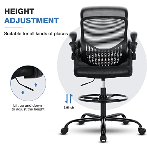 Drafting Chair - Tall Office Chair for Standing Desk Mesh Chair with Mid-Back and Height Adjustable Swivel Chair with Lumbar Support and Flip-up Armrests for Adults