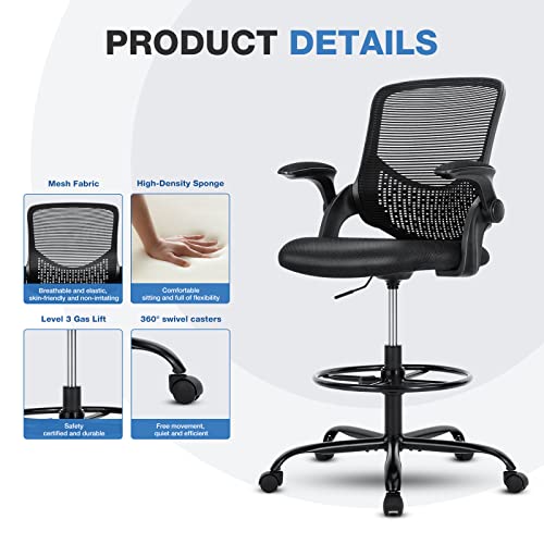 Drafting Chair - Tall Office Chair for Standing Desk Mesh Chair with Mid-Back and Height Adjustable Swivel Chair with Lumbar Support and Flip-up Armrests for Adults