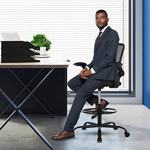 Drafting Chair - Tall Office Chair for Standing Desk Mesh Chair with Mid-Back and Height Adjustable Swivel Chair with Lumbar Support and Flip-up Armrests for Adults