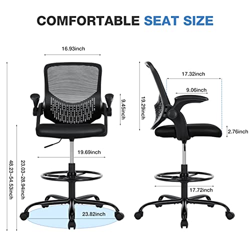 Drafting Chair - Tall Office Chair for Standing Desk Mesh Chair with Mid-Back and Height Adjustable Swivel Chair with Lumbar Support and Flip-up Armrests for Adults