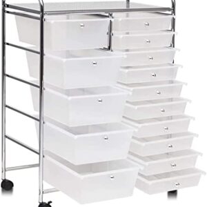 RIVALLYCOOL 15-Drawers Rolling Storage Cart, Mobile Book Paper Organizer Utility Trolley with Wheels, Ideal for School, Office, Home (Clear)