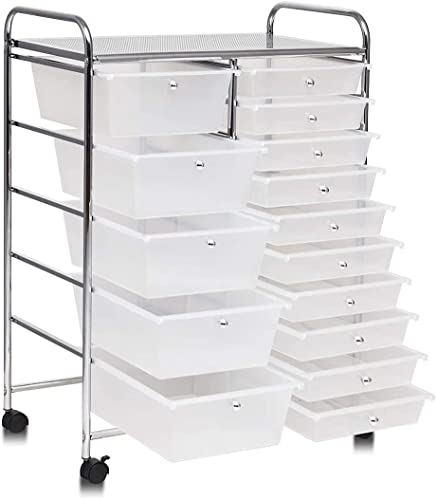 RIVALLYCOOL 15-Drawers Rolling Storage Cart, Mobile Book Paper Organizer Utility Trolley with Wheels, Ideal for School, Office, Home (Clear)