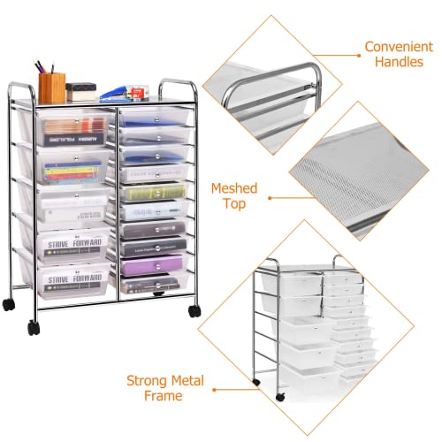 RIVALLYCOOL 15-Drawers Rolling Storage Cart, Mobile Book Paper Organizer Utility Trolley with Wheels, Ideal for School, Office, Home (Clear)