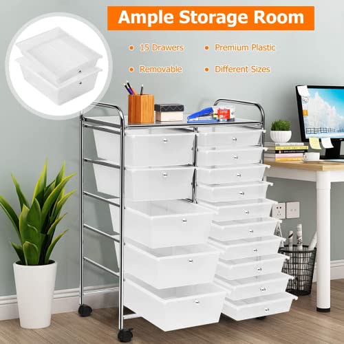 RIVALLYCOOL 15-Drawers Rolling Storage Cart, Mobile Book Paper Organizer Utility Trolley with Wheels, Ideal for School, Office, Home (Clear)