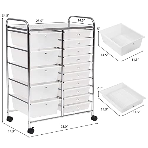 RIVALLYCOOL 15-Drawers Rolling Storage Cart, Mobile Book Paper Organizer Utility Trolley with Wheels, Ideal for School, Office, Home (Clear)