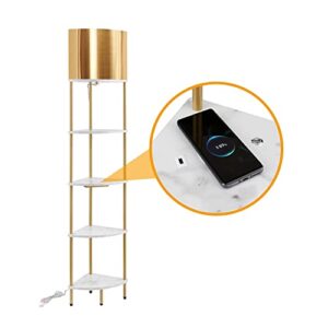 ROSEN GARDEN Corner Shelf Floor Lamp with USB Ports and Wireless Charging Station, Modern Dimmable Touch Control Floor Lamp, 4-Tier Tall Display Shelves Lamp for Living Room, Bedroom & Office