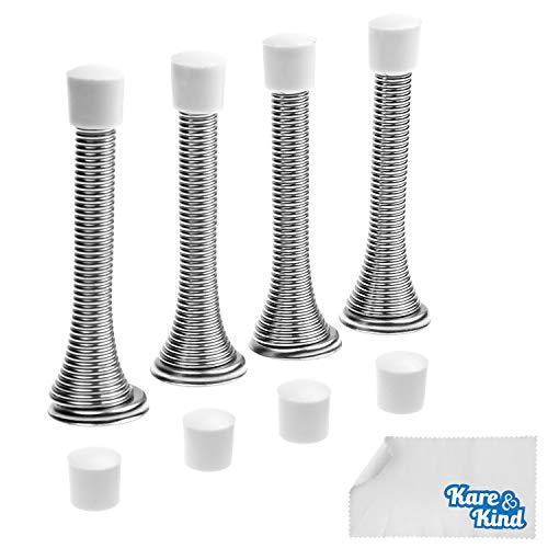 Kare & Kind 4X Spring Door Stoppers (Silver) - Screw-in Flexible Steel Stoppers with White Rubber Bumper Tips - Protect Walls from Bumps, Marks and Damages - Kid and Pet Safe - for Homes, Offices