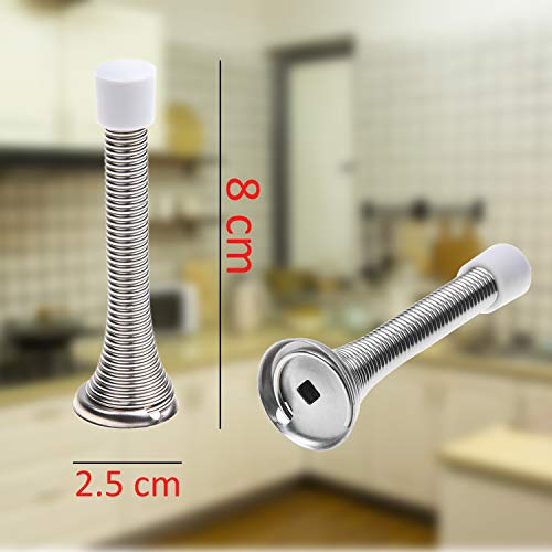 Kare & Kind 4X Spring Door Stoppers (Silver) - Screw-in Flexible Steel Stoppers with White Rubber Bumper Tips - Protect Walls from Bumps, Marks and Damages - Kid and Pet Safe - for Homes, Offices