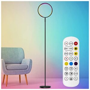 alampever led floor lamp, dynamic light belt changes color, remote-controller included, modern style led ring light for living room, bedroom, dorm room or office-black