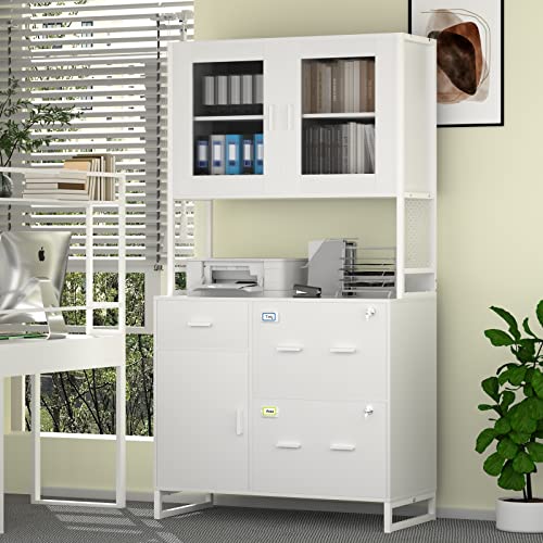 PAKASEPT 3 Drawers Lateral File Cabinet with 2 Lock, Letter/Legal/A4 Size, Large Modern Filing Cabinet Printer Stand with Doors and Storage Shelves for Home Office,White