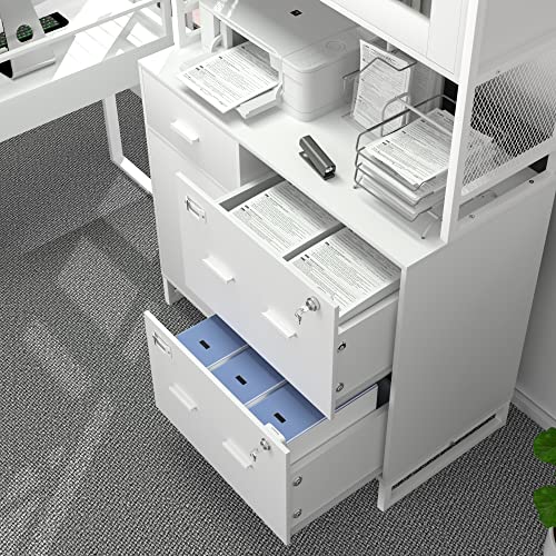 PAKASEPT 3 Drawers Lateral File Cabinet with 2 Lock, Letter/Legal/A4 Size, Large Modern Filing Cabinet Printer Stand with Doors and Storage Shelves for Home Office,White