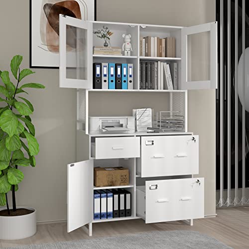 PAKASEPT 3 Drawers Lateral File Cabinet with 2 Lock, Letter/Legal/A4 Size, Large Modern Filing Cabinet Printer Stand with Doors and Storage Shelves for Home Office,White