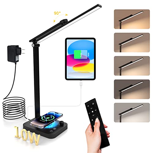 Desk Lamp,Table Lamp With Remote Control,LED Desk Lamp With 10W Wireless Charger&USB Charging Port,5 Lighting Modes,11 Brightness Levels,Knob Control,45 Min Timer,Eye-Caring Office Lamp With Adapter