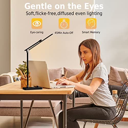 Desk Lamp,Table Lamp With Remote Control,LED Desk Lamp With 10W Wireless Charger&USB Charging Port,5 Lighting Modes,11 Brightness Levels,Knob Control,45 Min Timer,Eye-Caring Office Lamp With Adapter