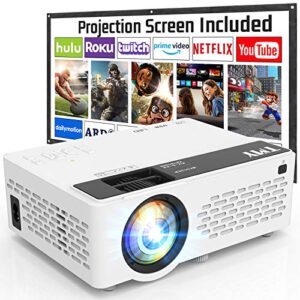 tmy projector 7500 lumens with 100″ projector screen, 1080p full hd supported portable projector, mini movie projector compatible with tv stick smartphone hdmi usb av, for home cinema & outdoor movies