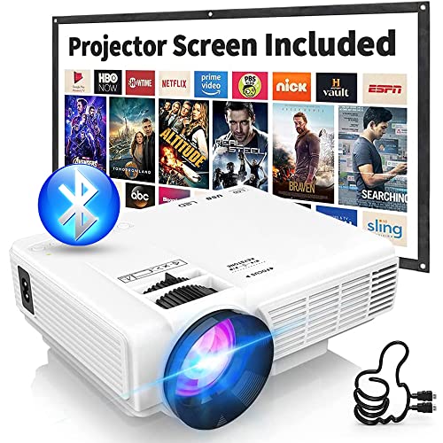 2023 Upgraded Mini Projector with Bluetooth and Projector Screen, Full HD 1080P Supported Portable Video-Projector, Home Theater Movie Projector Compatible with HDMI,VGA,USB,AV,Laptop,Smartphone