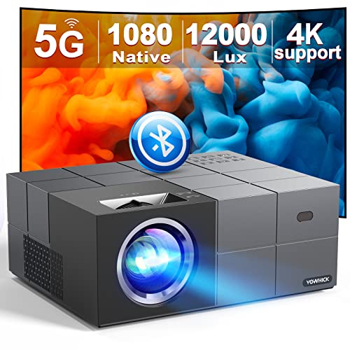 Native 1080P 5G WiFi Bluetooth Projector 4K Support, 12000L YOWHICK Outdoor Movie Projector with Screen and 300" Display, Video Projector Compatible w/iOS/Android/Win/TV/PS5, Grey