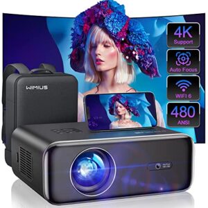 [auto focus] projector with wifi 6 and bluetooth 5.2, 480 ansi projector 4k, wimius p62 native 1080p outdoor movie projector, auto 6d keystone & 50% zoom, smart home projector for phone/pc/tv stick