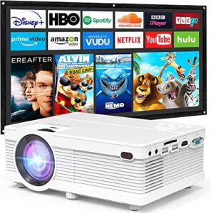 mini projector 7500lumens portable projector full hd 1080p supported, home theater projector compatible with tv stick, phone, games, hdmi, av