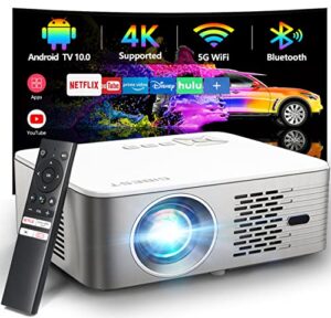 4k support android tv 10.0 projector 5g wifi bluetooth native 1080p, cibest full-sealed optical engine home movie fhd projector with netflix/prime video built-in, 8000+ apps, autofocus, stereo sound