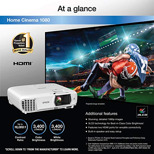 Epson Home Cinema 1080 3-chip 3LCD 1080p Projector, 3400 lumens Color and White Brightness, Streaming/Gaming/Home Theater, Built-in Speaker, Auto Picture Skew, 16,000:1 Contrast, Dual HDMI - White