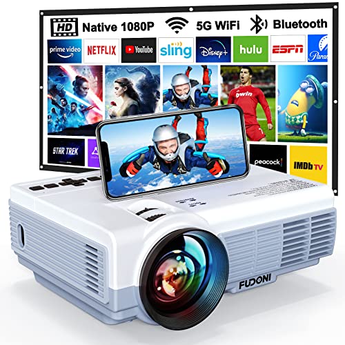 Projector with WiFi and Bluetooth, 5G WiFi Native 1080P 9500L 4K Supported, FUDONI Portable Outdoor Projector with Screen for Home Theater, Compatible with HDMI/USB/PC/TV Box/iOS and Android Phone