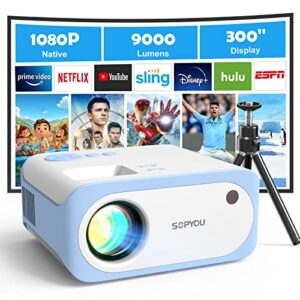 mini projector, native 1080p full hd 9000l sopyou movie outdoor projector 4k supported, video mini portable projector for hdmi, usb, laptop, tv stick, ps5, ios & android, u disk