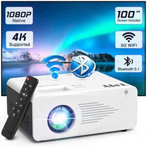 tmy projector with wifi and bluetooth, native 1080p 5g wifi outdoor projector with 100″ screen, 4k supported portable projector, compatible with ios/android/pc/tv stick/hdmi/av/usb, indoor outdoor use