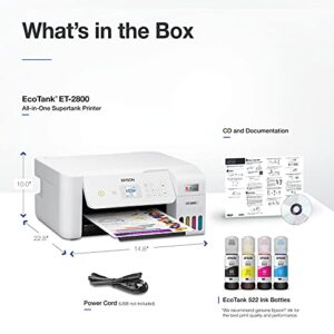 Epson EcoTank ET-2800 Wireless Color All-in-One Cartridge-Free Supertank Printer with Scan and Copy â€“ The Ideal Basic Home Printer - White