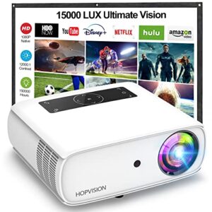 hopvision native 1080p projector full hd, 15000lux movie projector with 150000 hours led lamp life, support 4k 350″ home outdoor projector for smartphone/ pc/ laptop/ ps4/ tv stick/ excel/ ppt